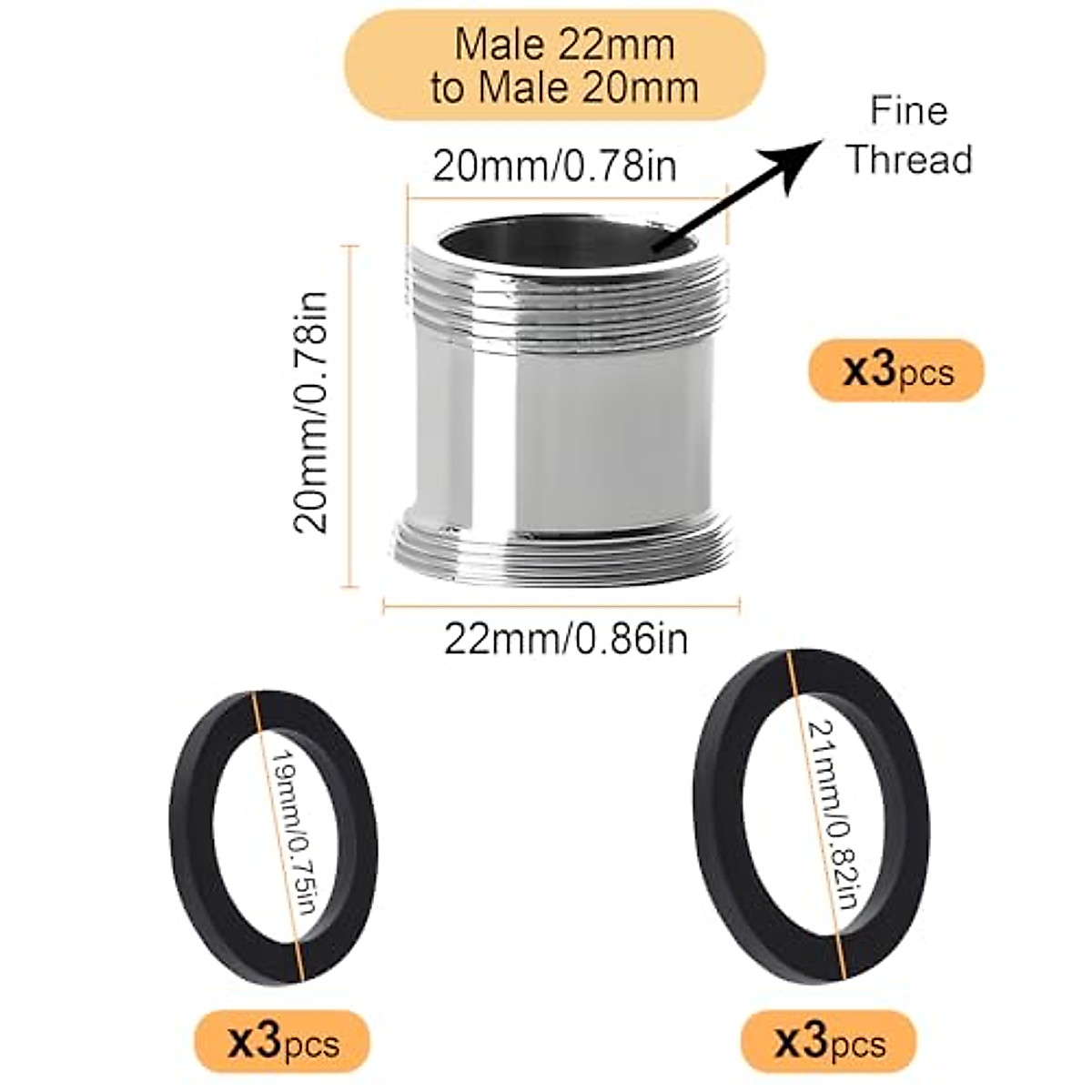3 pcs Faucet Adapter Kit, CNYMANY Heighten Male M22mm to Male M20mm Fine Thread Kitchen Aerator Adapter Set Sink Faucet Adapter Connecting Garden Hose Water Filter Standard Hose via Diverter