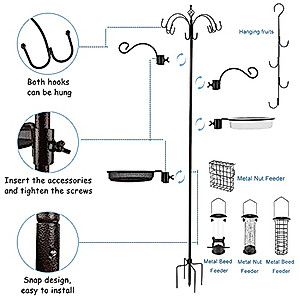 Bird Feeding Station Kit Bird Feeder Pole Wild Bird Feeder Hanging Kit with Suet Cage Bird Bath Mesh Tray Fruit Hook Double W Hook for Attracting Wild Birds and Planter Hanger Lights