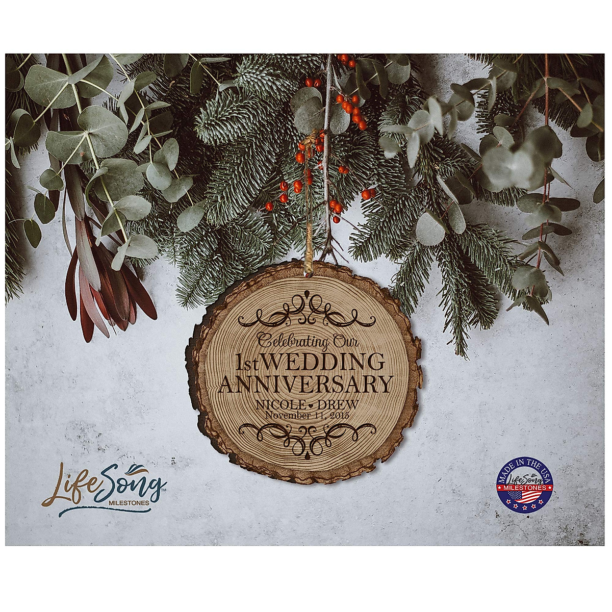 LifeSong Milestones Personalized 1st Anniversary Bark Style Christmas Ornament for 1 Year of Marriage - One Year Wedding Keepsake Gift for Parents Husband Wife him her 3.25” (Bark)