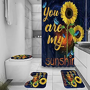4 Piece Gold Sunflower Shower Curtains with Bath Rugs Bathroom Sets,Butterfly and Flower Bathtub Decor with Floor Carpet U Shape Mat Toilet Seat Cover Hook ,71 Inch Size Long Home Decoration (Blue)