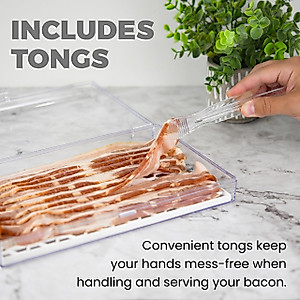GlossyEnd Bacon Keeper Storage Container with Tong, Deli Meat Storage Container with Perforated Tray for Freshness, Clear Durable Plastic - Dishwasher and Freezer Safe - Size: 11” x 6.5” x 2”