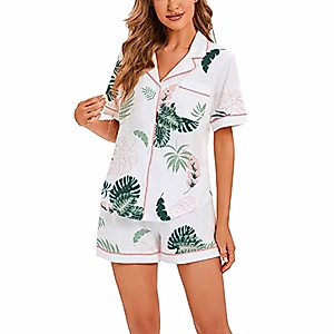 LUBOT 100% Cotton Women's Pajamas Set Short Sleeve Button-Down Shirt PJ Two-piece Set Printed Patterned Summer Night Suit Sleepwear Loungewear (Leaves, M)