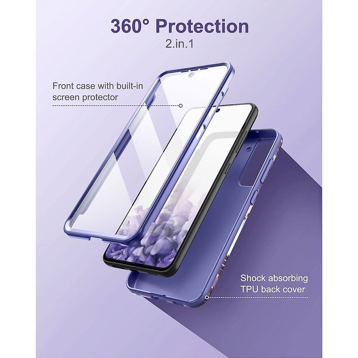 SURITCH Marble Case for Samsung Galaxy S21 FE, [Built-in Screen Protector] Full-Body Protection Shockproof Rugged Silicone TPU Bumper Protective Cover for Galaxy S21 FE 5G 6.4 Inch (Purple Lavender)