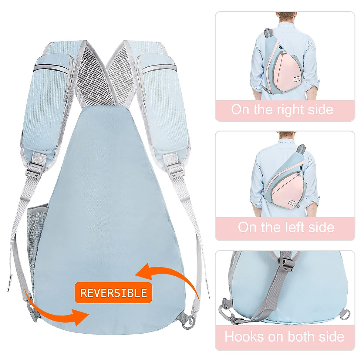 ZOMAKE Sling Bag,Crossbody Sling Backpack Shoulder Chest Bag for Women Men - Travel Hiking Daypack (Grey/Light Pink)