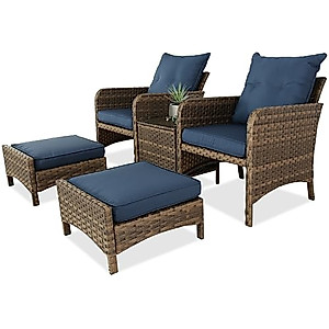 BPTD 5 Piece Patio Conversation Set Balcony Furniture PE Wicker Rattan Outdoor Lounge Chairs with Cushions and 2 Ottoman Glass Table for Porch, Lawn (Brown-Navy Blue)