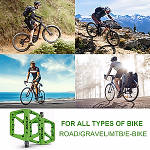 BUCKLOS Mountain Bike Pedals MTB Pedals Flat, Bicycle Road Bike Adult Large Platform Pedal with Non-Slip Grips for Gravel/Ebike/Hybrid Bikes/Beach Cruiser(9/16 Nylon Green)