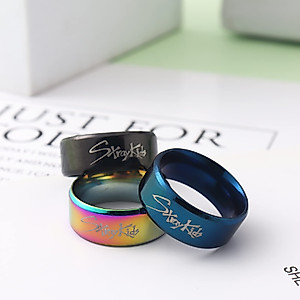 AntaQuyaN 3 Pack Kpop Stray Kids Merch Ring with Necklace, Stray Kids Stainless Steel Jewelry for gifts Stainless Steel Blue Rainbow