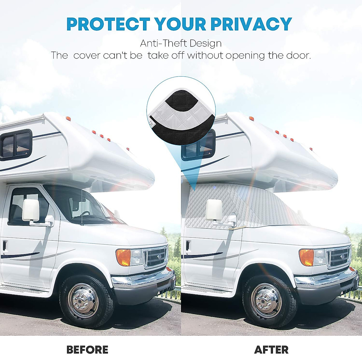 COOLTOP RV Windshield Cover for Class C Ford E450 1997-2020, RV Front Window Cover Motorhome Windshield Sunshade Cover with Mirror Cutouts