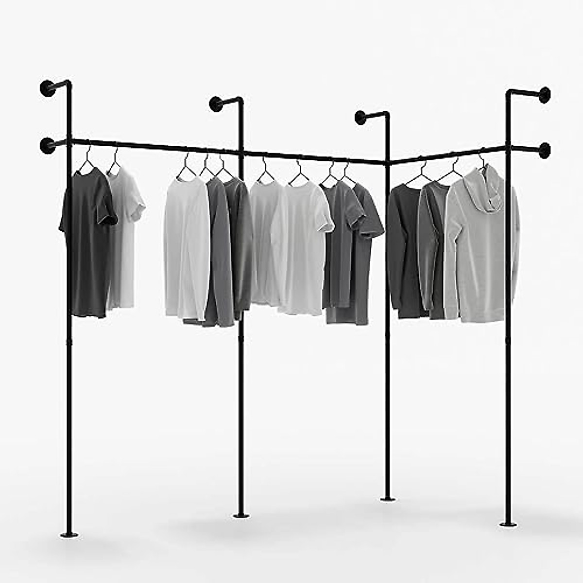 pamo Industrial Loft Design Kim III Edge Clothes Rail Over Corner Coat Rack for Walk-In Wardrobe Wall I Bedroom Clothes Rack Made of Black Sturdy Tubes for Wall Mounting