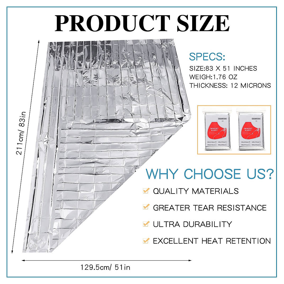 Macarrie 100 Pack Emergency Thermal Blankets Silver Foil Survival Blanket Space Blanket Survival Kit for Outdoors, Camping, Hiking, Homeless, Survival or First Aid (Silver)