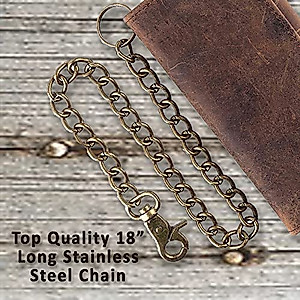 F&L CLASSIC RFID Blocking Mens Tri-fold Long Style Cowhide Leather Steel Chain Wallet,buffalo vintage leather