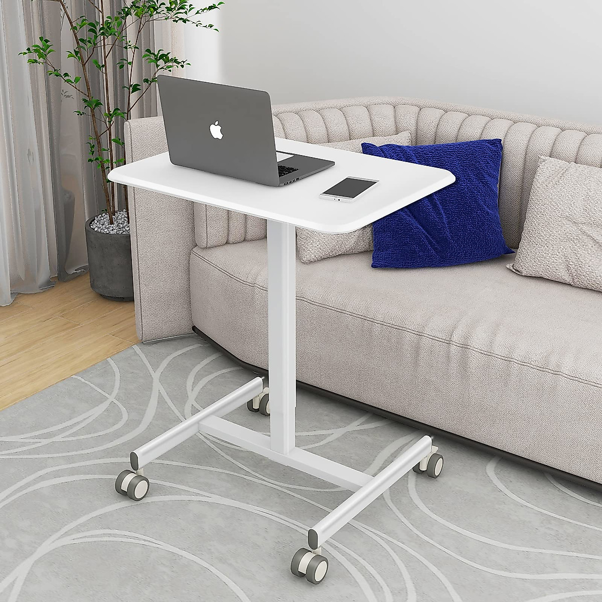 dumos Small Standing Laptop Desk Mobile Standing Desk Manual Adjustable Home Office Desk Height from 28.5“ to 42.7" Rolling Standing Desk 48" x 65“ for Working, Meeting, Teaching, Speeching, White