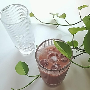 Harmin Ribbed Glassware Set of 8, Drinking Glass Cups with Straws, 12oz Vintage Highball Glass Cute Iced Coffee Cups, Ideal Christmas Gifts for Friends, Family