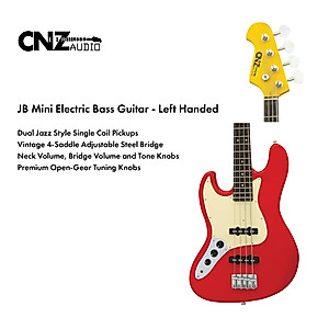 CNZ Audio JB Mini Electric Bass Guitar Left Handed - Fiesta Red Body, Maple Neck, Rosewood Fingerboard & 3-Ply Ivory Pickguard, 28.6" Short Scale Premium Pickups, Vintage Steel Bridge & Tuners