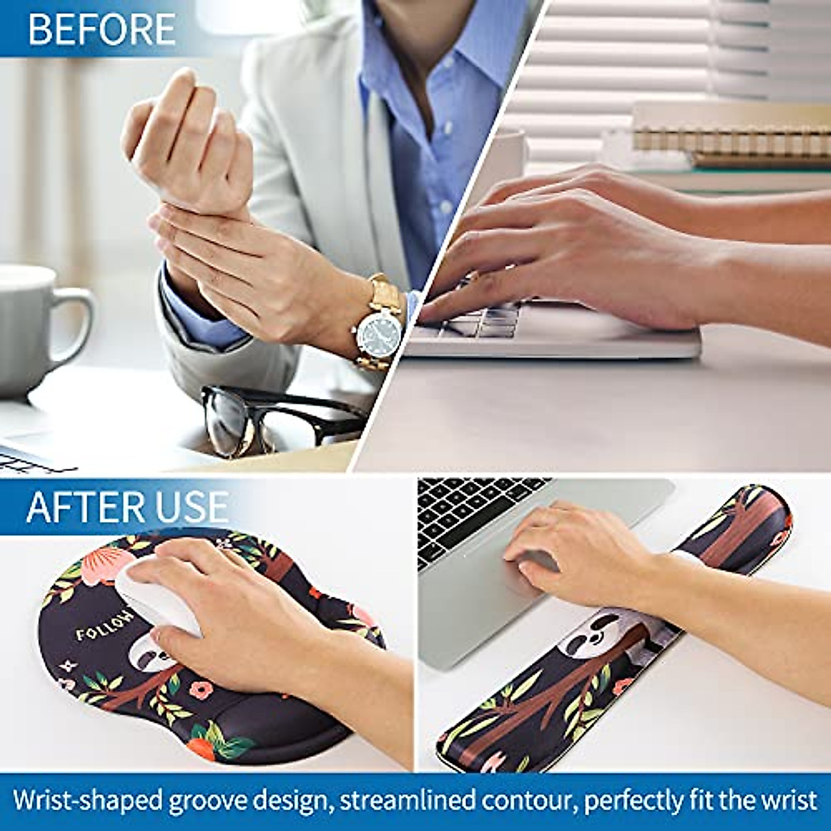 RICHEN Keyboard Wrist Rest and Mouse Pad with Wrist Support Set for Computer/Laptop/Mac,Gaming and Office, Durable & Comfortable & Lightweight for Easy Typing & Pain Relief (Sloth)