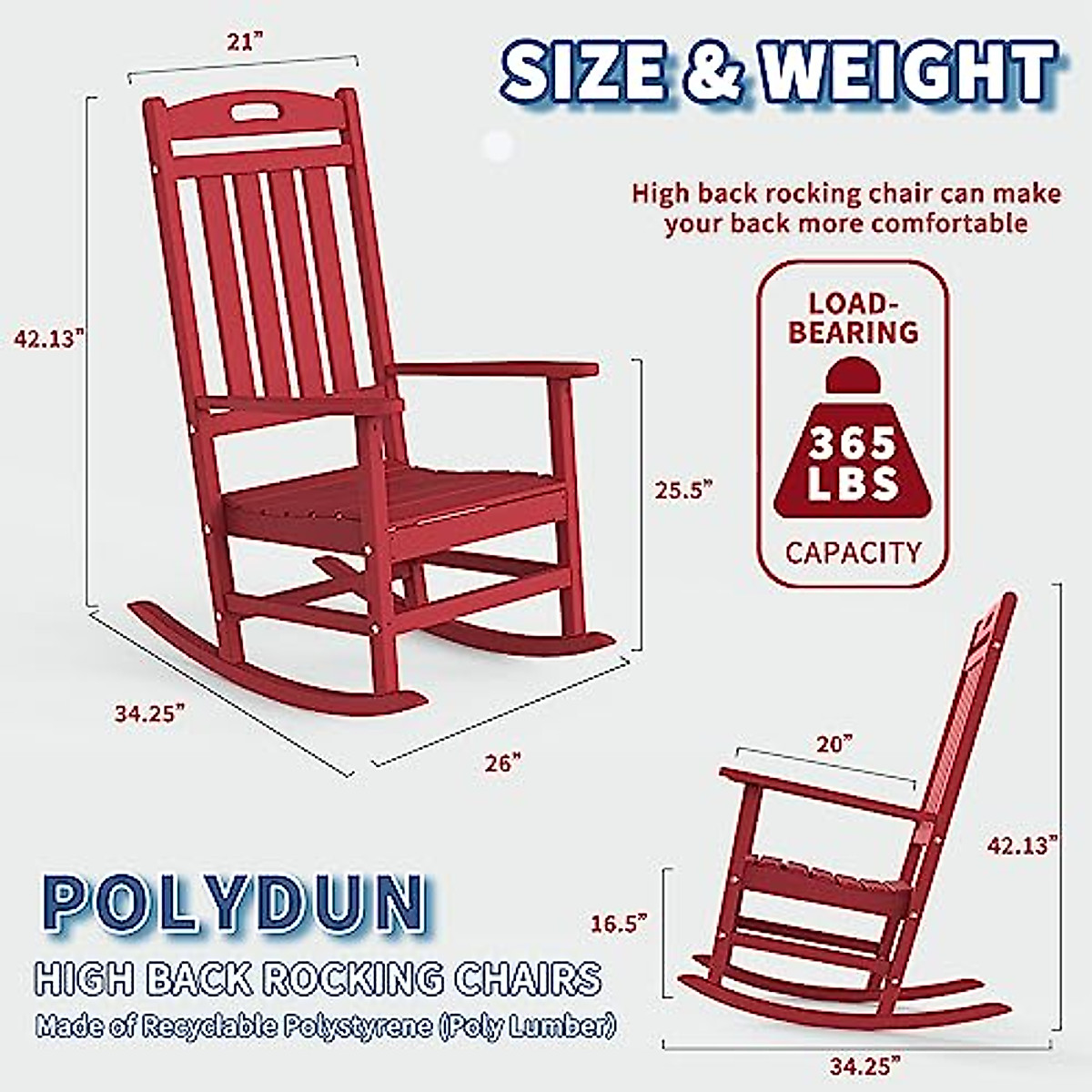 POLYDUN Outdoor Rocking Chairs, High Back Poly Lumber Patio Rocker Chair, 365Lbs Support Rocking Chairs, All-Weather Porch Rocking Chair for Lawn, Backyard, Indoor, Garden, Like Real Wood, Red, 2 Pack