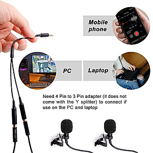 PoP voice 16 Feet Dual-Head Lavalier Microphone with TRRS Y Splitter