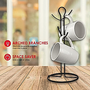 Home Basics Chrome Wire Collection Durable Steel Mug Tree Stand, 6-Hook Coffee Tea Cup, Holder Kitchen Countertop, Black