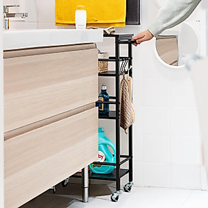 LOAKEKEL Slim Rolling Cart, 4-Tier Storage Cart on Wheels, Narrow Kitchen Cart with 6 Hooks for Small Spaces, 7.87" Deep, Mobile Shelving Unit Utility Cart for Dining Room, Bathroom, Black HKC04BK-1
