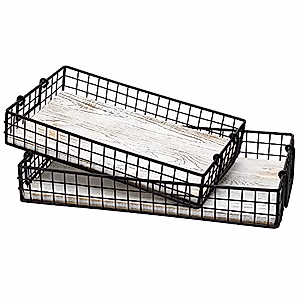 MyGift Black Metal Wire and Whitewashed Wood Decorative Tray with Handles, Nesting Storage Organizer Basket Trays, Set of 2