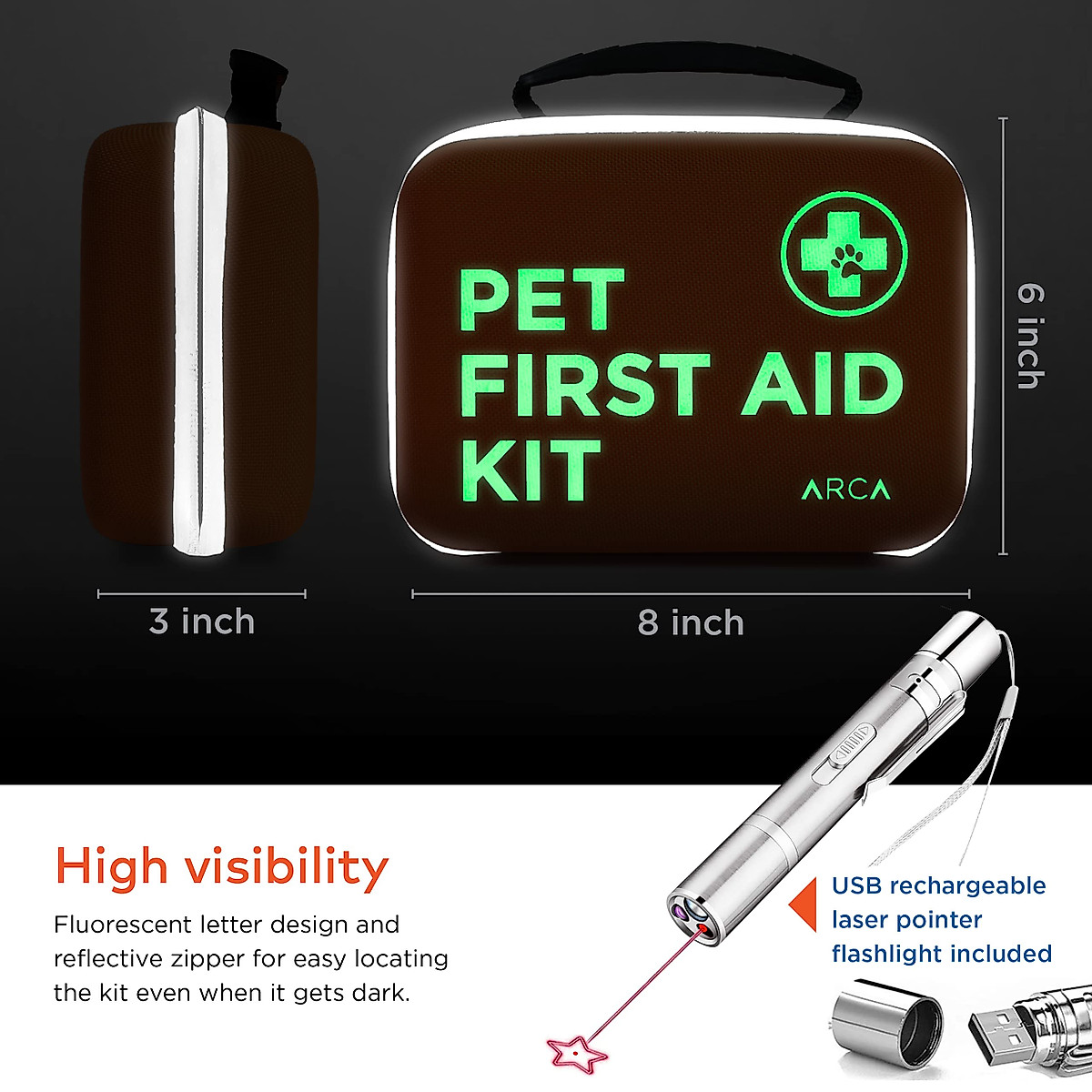ARCA PET Cat & Dog First Aid Kit | Vet Approved |108-Piece Safety Essentials, Durable Case with Reflective Safety Strips, Includes Thermometer, Emergency Card and Pet First Aid Manual