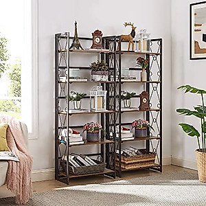 VECELO 5 Tier Folding Bookshelf, 2-Step Assembly Foldable Bookcase, Collapsible Book Shelves with Metal Lace X Frame and Anti-Toppling Design,Antique Brown,Set of 2