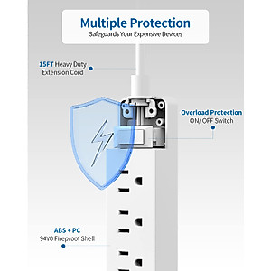 Flat Extension Cord 15 ft, NTONPOWER Ultra Thin Flat Extension Cord Under Carpet, Rug, Door, Wall Mount Power Strip Flat Plug with 4 Outlets 2 USB, Overload Protection for Home Office Indoor, White