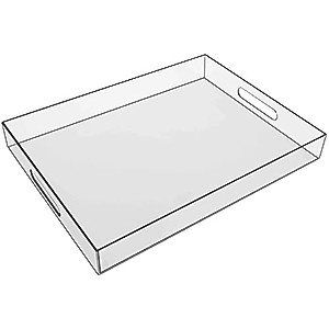 Sooyee Acrylic 16" x 12" Plastic Tray for Coffee Table,Kitchen,Bathroom,Food,Vanity Countertop,Large Ottoman Decorative, Serving Tray with Handles,Clear