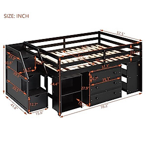 BIADNBZ Full Size Low Loft Bed with Storage Stairs, Retractable Writing Desk and 3 Drawers, Wooden Loftbed with Shelves for Kids Boys Girls Bedroom, Espresso