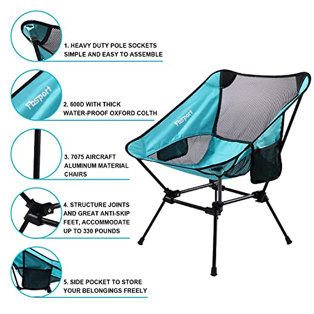 FBSPORT 2 Pack Portable Camping Chairs Lightweight Backpacking Chair Compact & Heavy Duty for Camp, Backpack, Hiking, Beach, Picnic, with Carry Bag