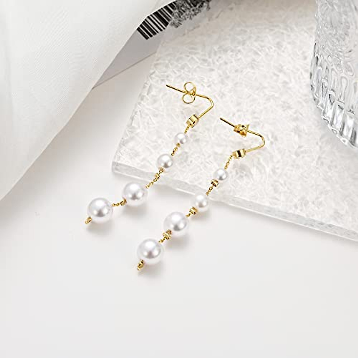 Long Pearl Earrings for Women 14K Gold Plated Pearl Dangle Earrings Hypoallergenic Elegant Gold Pearl Tassel Earring