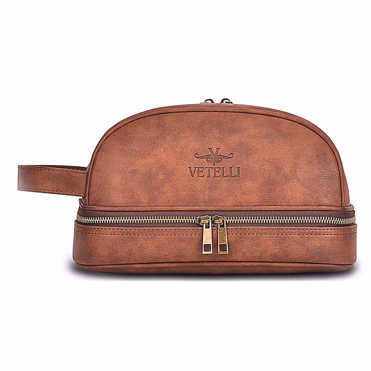 Vetell Classic Leather Men's Travel Toiletry Bag and Dopp Kit with Upper and Lower Zippered Compartments, 2 Mesh Bottle Pouches and Carrying Handle
