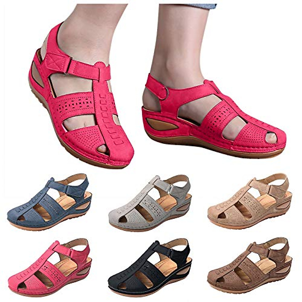 SmallYin Womens Comfort Walking Flat Sandals Close-Toe Hook and Loop Low Heel Athletic Wedge Sandals Summer Beach Bohemia Sandals for Women
