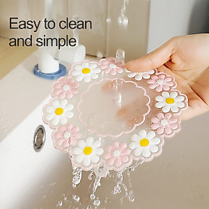 Silicone Round Placemats Set of 3, Daisy Flower Shape Heat Resistant Trivets Pot Holder Mats, Cup Potholders, Pot Holders, Non-Slip Insulation Hot Pads for Kitchen (Pink)