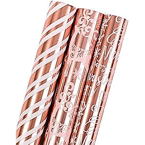MAYPLUSS Christmas Wrapping Paper Roll - Mini Roll - 17 inch X 120 inch Per roll - 3 Different Rose Gold Design with Glitter Metallic Foil Shine (42.3 sq.ft.ttl)