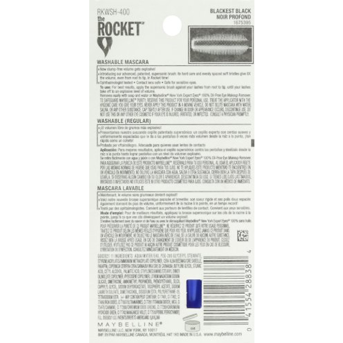 Maybelline New York Volum' Express The Rocket Washable Mascara, Blackest Black, 3 Fl Oz, 1 Count