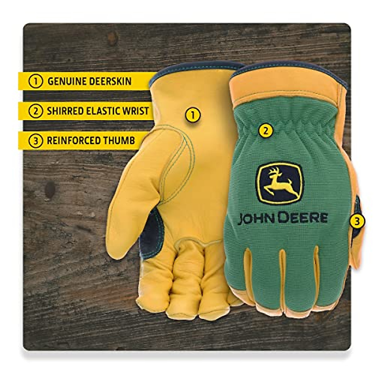 John Deere JD00008-XL Men's Top Grain Deerskin Leather Driver Gloves, Abrasion Resistant, Tan, Water Resistant, Green, X-Large