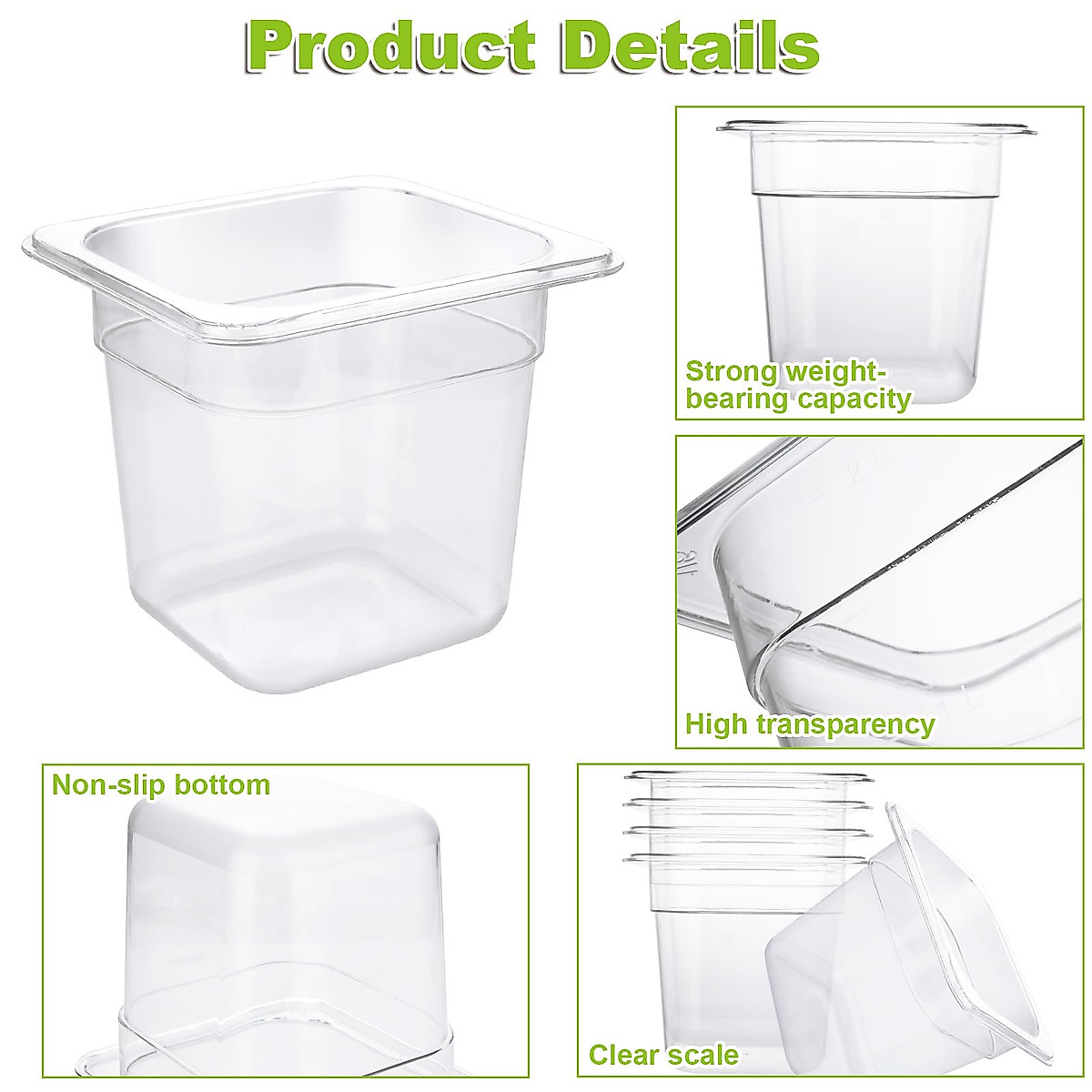 Oungy 8 Pack Clear Plastic Food Pans Plastic Clear Food Pan with Capacity Indicator 1/6 Size 6 Inch Deep Restaurant Commercial Hotel Pans for Fruits Vegetables Corns Beans