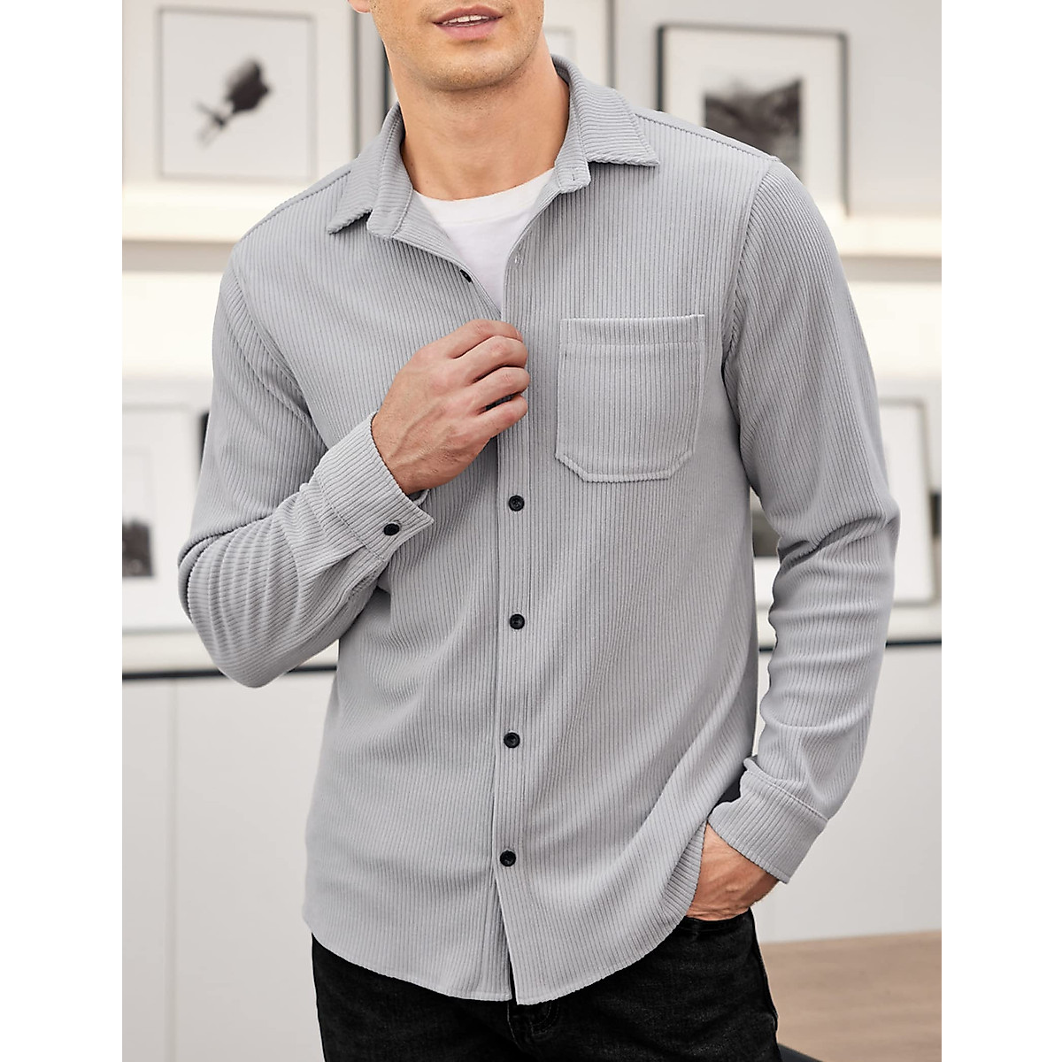 COOFANDY Men's Corduroy Jacket Stretch Camp Shacket Long Sleeve Warm Fleece Winter Shirts Grey