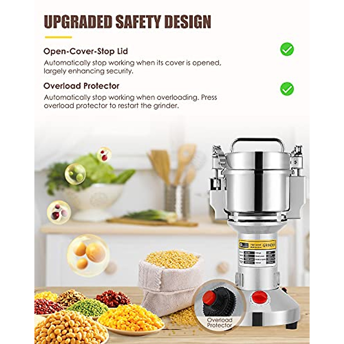 CGOLDENWALL 300g Electric Grain Mill Grinder Safety Upgraded Spice Grinder Pulverizer Stainless Steel Machine for Dry Spices Herbs Grains Coffee Seeds Rice Corn Pepper 110V
