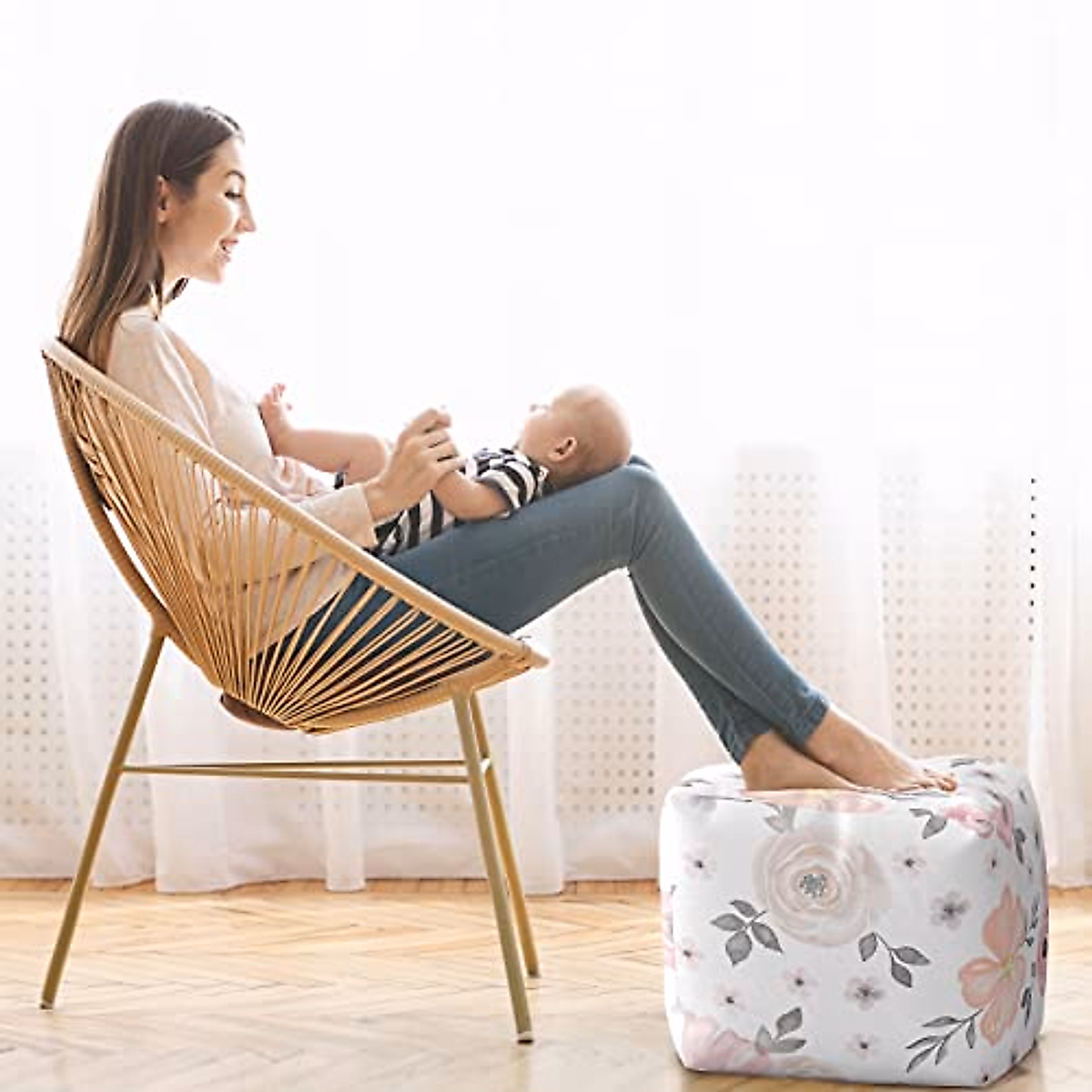 Sweet Jojo Designs Blush Pink Grey Boho Floral Girl Ottoman Pouf Cover Unstuffed Poof Floor Footstool Square Cube Pouffe Storage Baby Nursery Kids Room Bohemian Farmhouse Shabby Chic Watercolor White