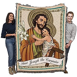 Saint Joseph The Carpenter Blanket - Patron of Catholic Church, Workers, Travelers, Immigrants, House Sellers & Buyers - Religious Gift Tapestry Throw Woven from Cotton - Made in The USA (72x54)