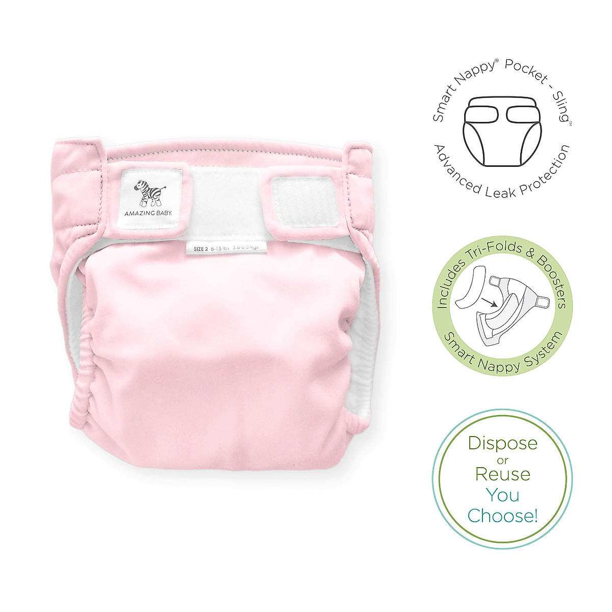 Amazing Baby Hybrid Cloth Diaper Cover/Swim Diaper, Small, Sz 2 (8-15 lbs), Use Boosties Disposable or Reusable Inserts, Pastel Pink, SmartNappy Set: Cover + Tri-Fold + Booster Pad