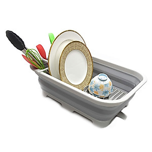 SAMMART 12L (3.17 Gallon) Collapsible Dish Drainer with Swivel spout - Foldable Drying Rack Set - Portable Dinnerware Organizer - Space Saving Kitchen Storage Tray (Grey)