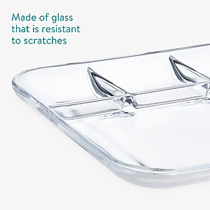Navaris Glass Divided Plates (Set of 2) - 4 Section Divider Snack Plate for Adults, Serving, Portion Control - Square Clear Platter with Food Dividers