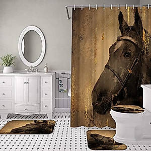 AtGoWac 4 Pcs Set Horse Shower Curtain Set with Rugs Farmhouse Animal Rustic Brown Horse Shower Curtain Bathroom Decor