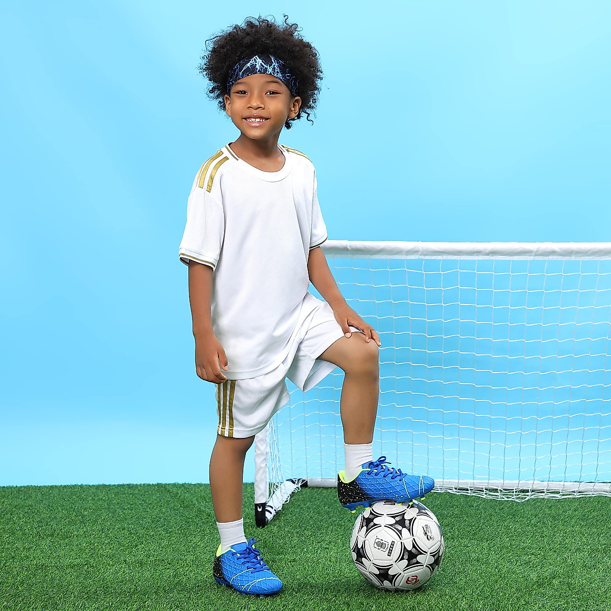 Tobfis Kids Outdoor Firm Ground Soccer Cleats for Training and Competition, Blue PU, 13 M US