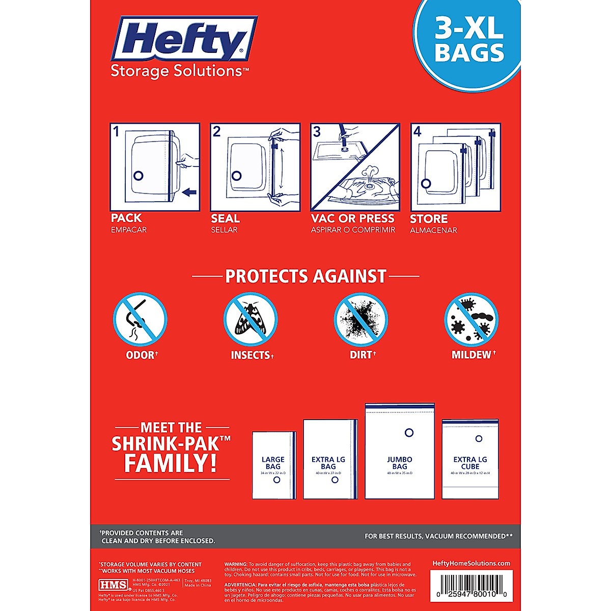 Hefty Shrink-Pak Vacuum Storage Bags – For Clothes, Pillows, Towels, Blankets & More – Space Saver Vacuum Suction Sealer Bags for Home or Travel – 3 XL Bags, 40 x 27 Inches