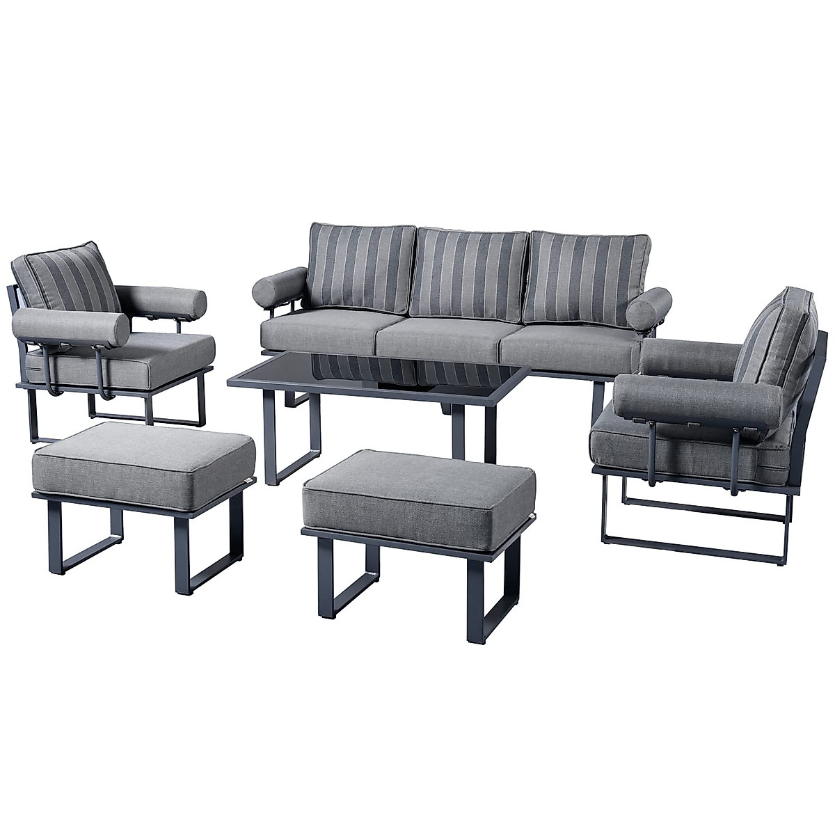 ovios Patio Furniture Set 6 Pieces Outdoor Aluminum Sofa Couch with Coffee Table Ottomans Cushions High Back Sofa All Weather Conversation Set, Black-Grey Stripe