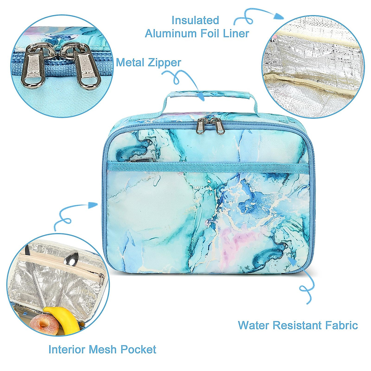 LEDAOU Lunch Bag Kids Insulated Lunch Box Girls Insulated Reusable Lunch Bag for School Picnic Hiking Work (Marble Blue)